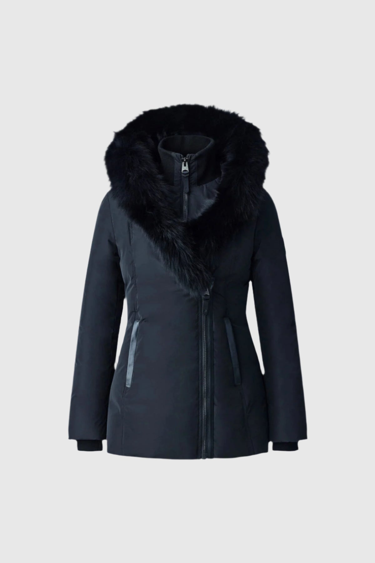 Adali, Down coat with blue fox fur Signature Mackage Collar for ladies ...