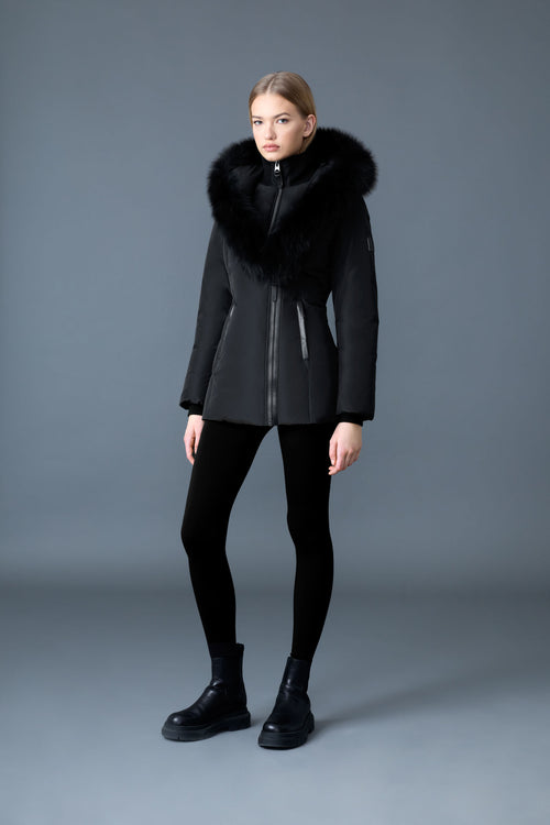 Adali, Down coat with blue fox fur Signature Mackage Collar for ladies ...