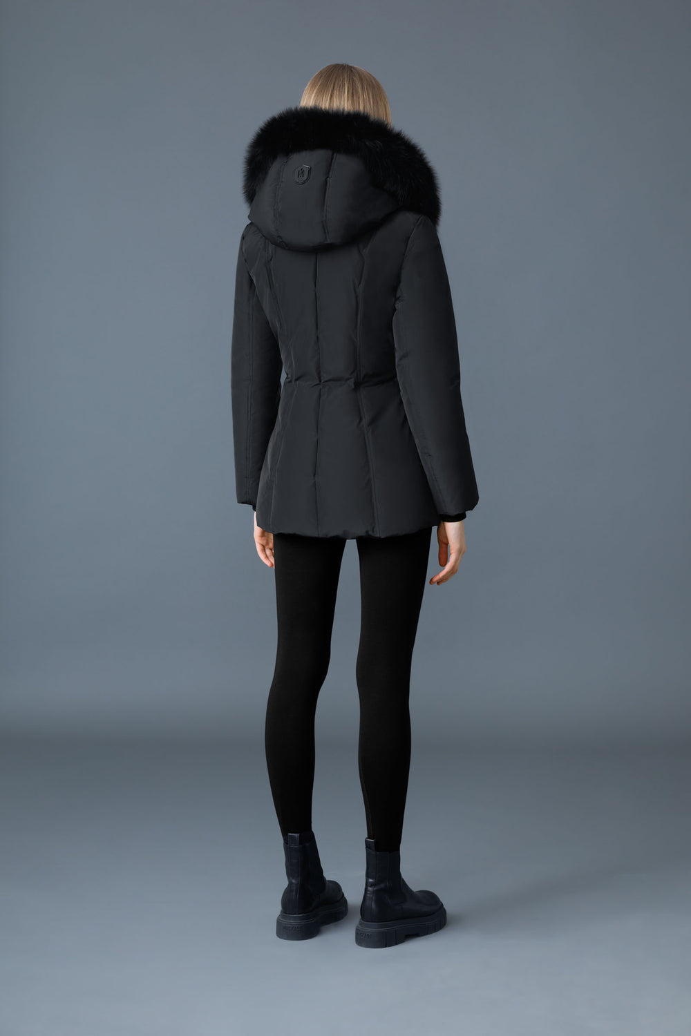 Adali, Down coat with blue fox fur Signature Mackage Collar for ladies ...